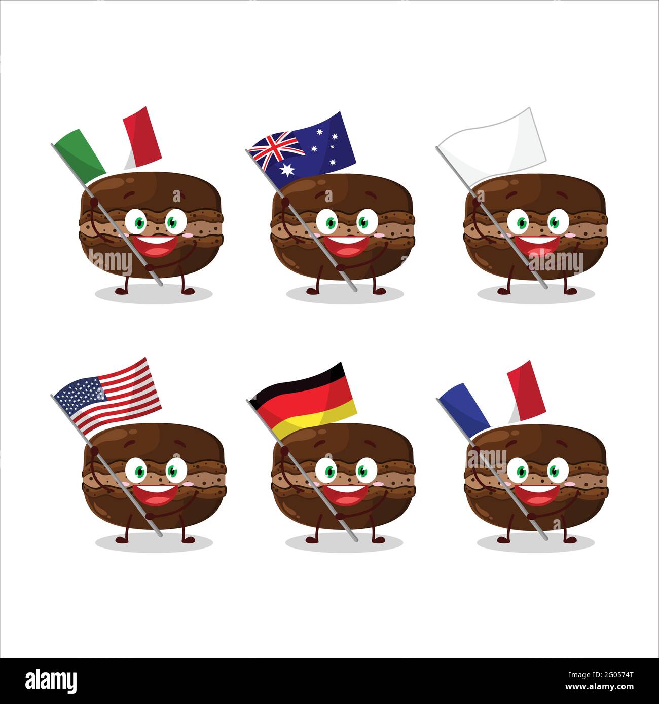Chocolate macaron cartoon character bring the flags of various ...