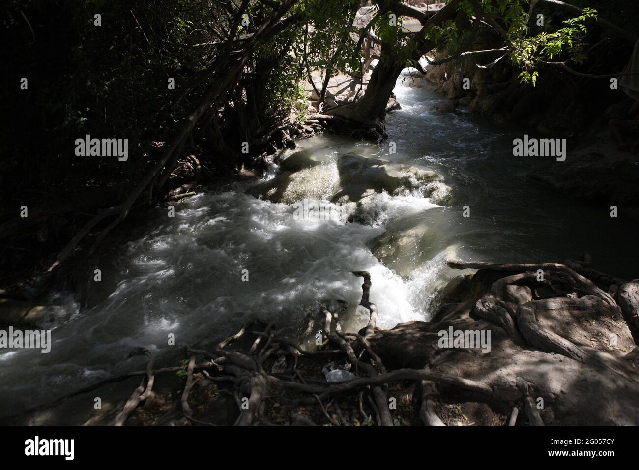 White Waterfalls, small and strong artificial stream flowing in the ...