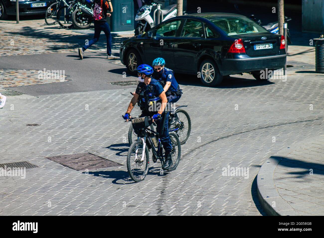 Reims France May 31, 2021 Policeman on bicycle patrolling downtown ...