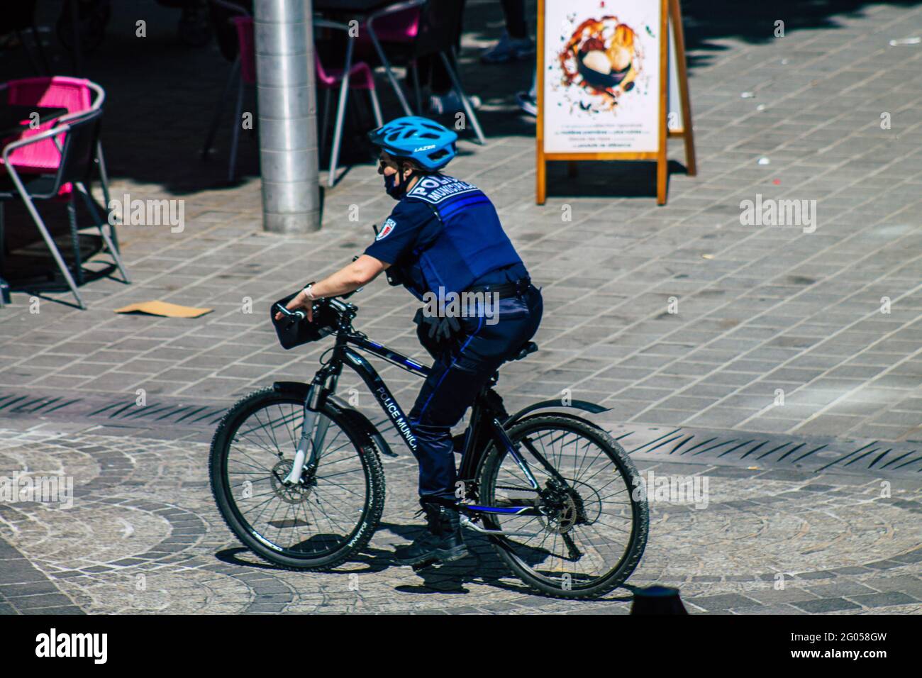 Reims France May 31, 2021 Policeman on bicycle patrolling downtown ...