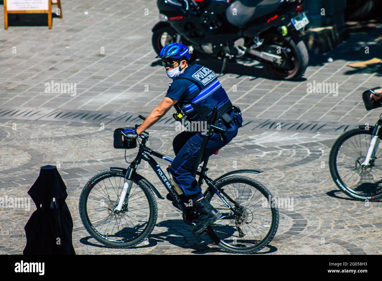 Reims France May 31, 2021 Policeman on bicycle patrolling downtown ...
