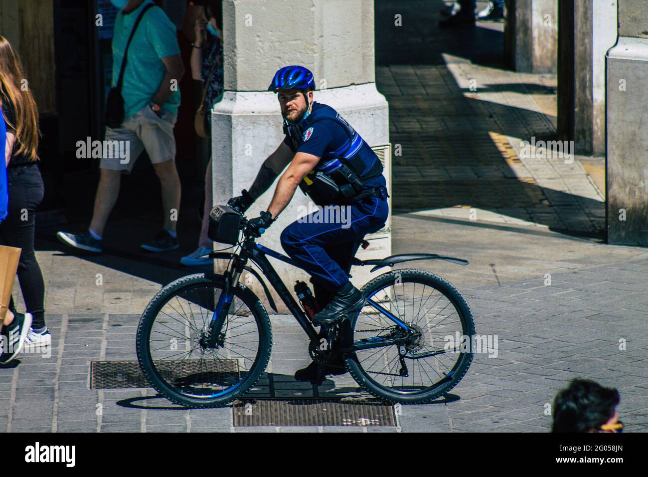 Reims France May 31, 2021 Policeman on bicycle patrolling downtown ...