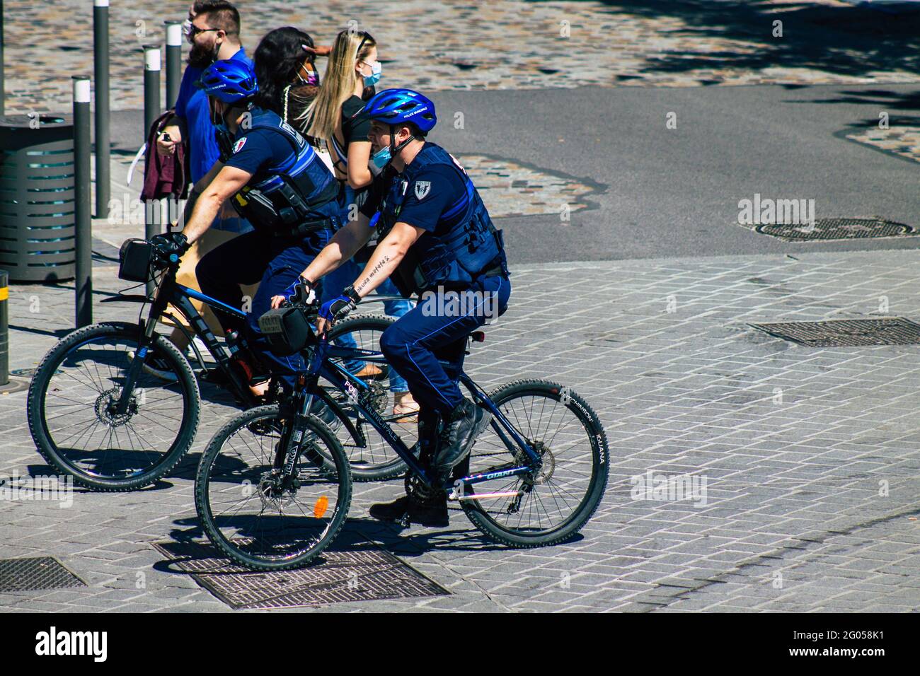 Reims France May 31, 2021 Policeman on bicycle patrolling downtown ...