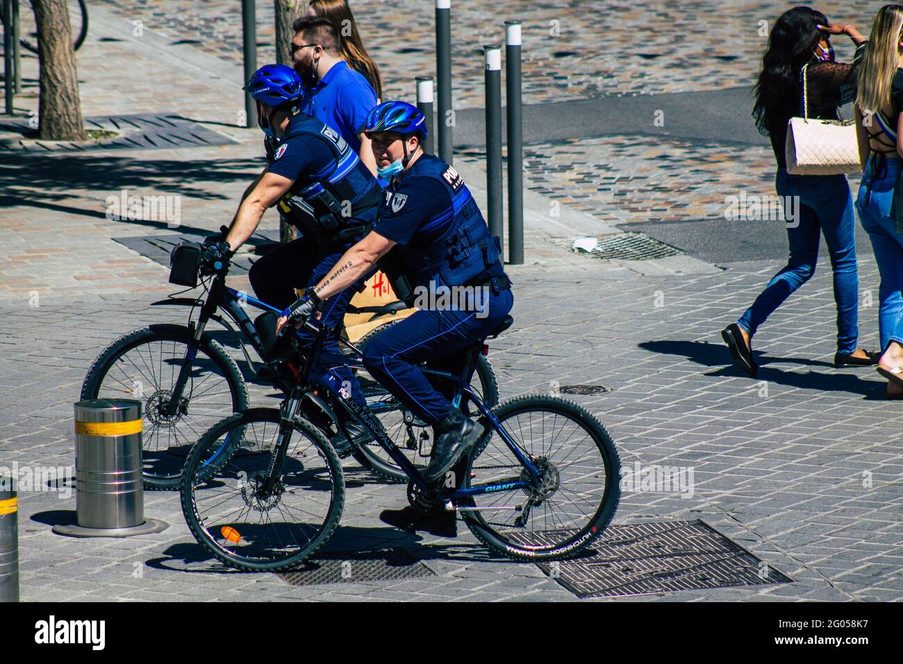 Reims France May 31, 2021 Policeman on bicycle patrolling downtown ...