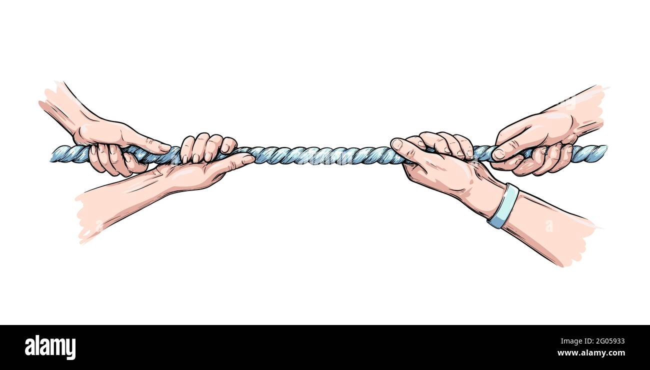 Tug war competition with rope. Hands pulling rope. Colored hand drawn ...