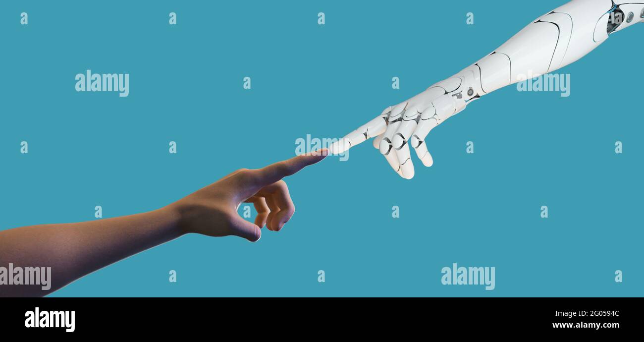 White cyborg finger about to touch human finger on blue background, 3D ...