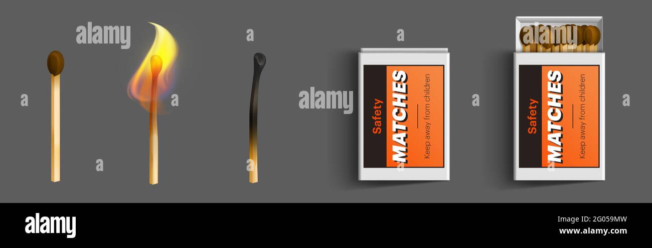 Safety matches in box, stages of burning from fire to charred burnt ...