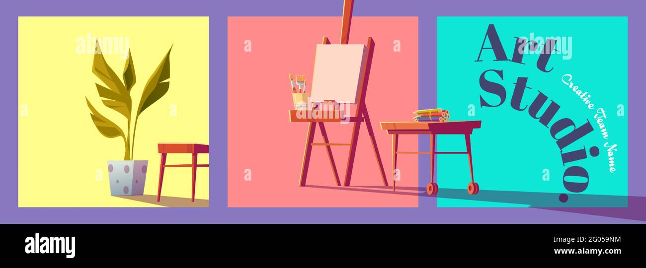 Art studio cartoon banner with artist stuff canvas on easel ...