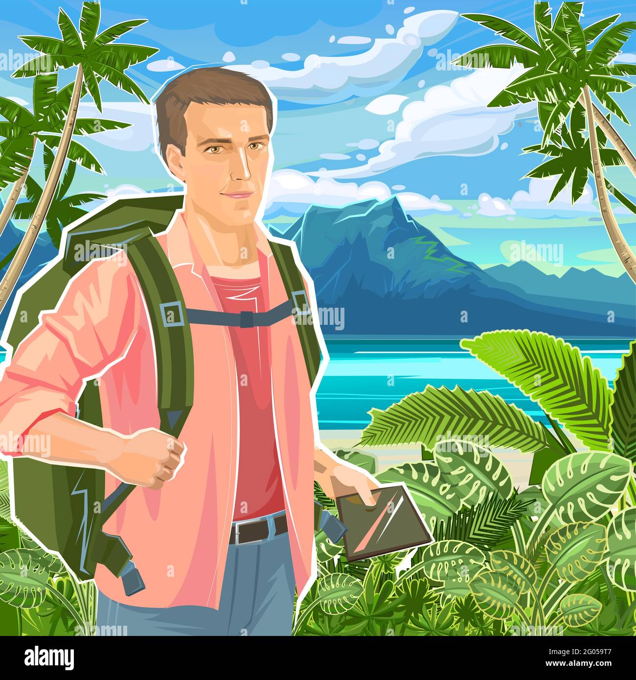 Cute boy tourist with tablet navigator. Backpack. Against backdrop of ...