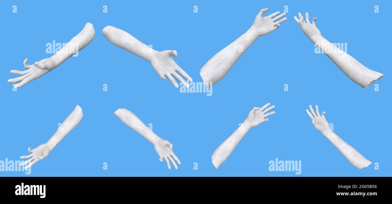 8 white concrete statue hand detailed renders isolated on blue, lights ...
