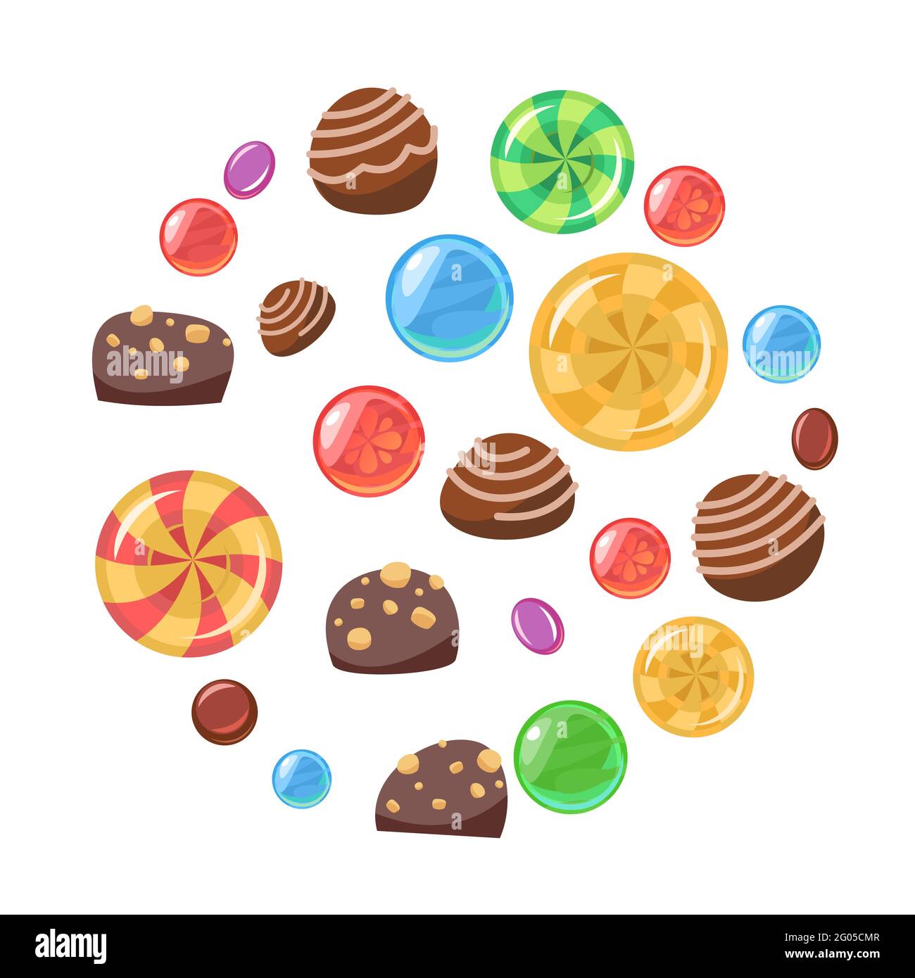Sweets round. Assorted dessert. Candy caramel. Lollipops. Flat ...