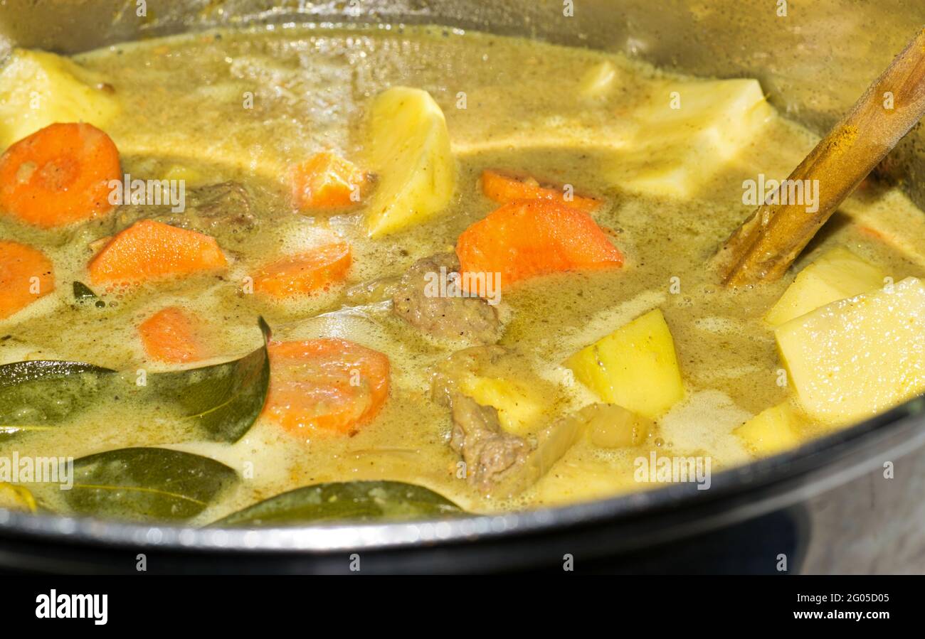 Beef stew simmering in a pot on a stove, low angle view. Bay leaves ...
