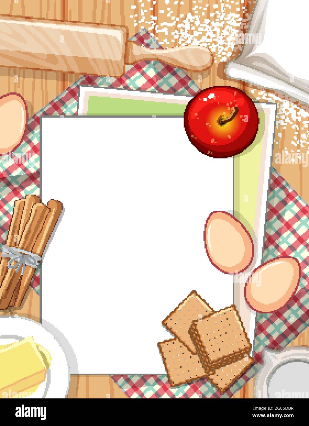 Top view of empty paper on the table with bakery ingredient element ...