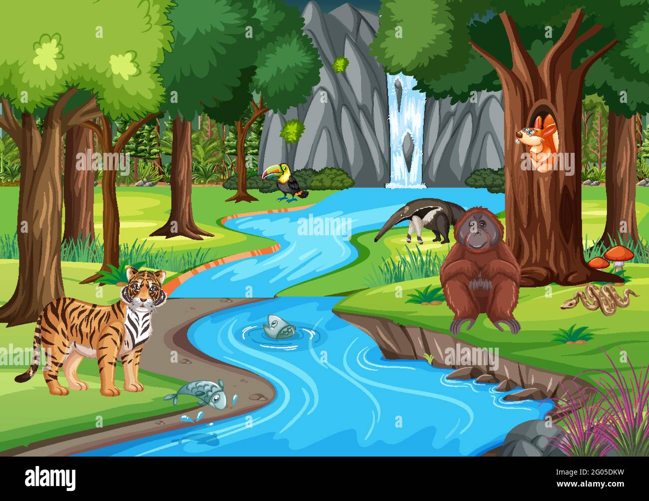 Forest scene with different wild animals illustration Stock Vector ...