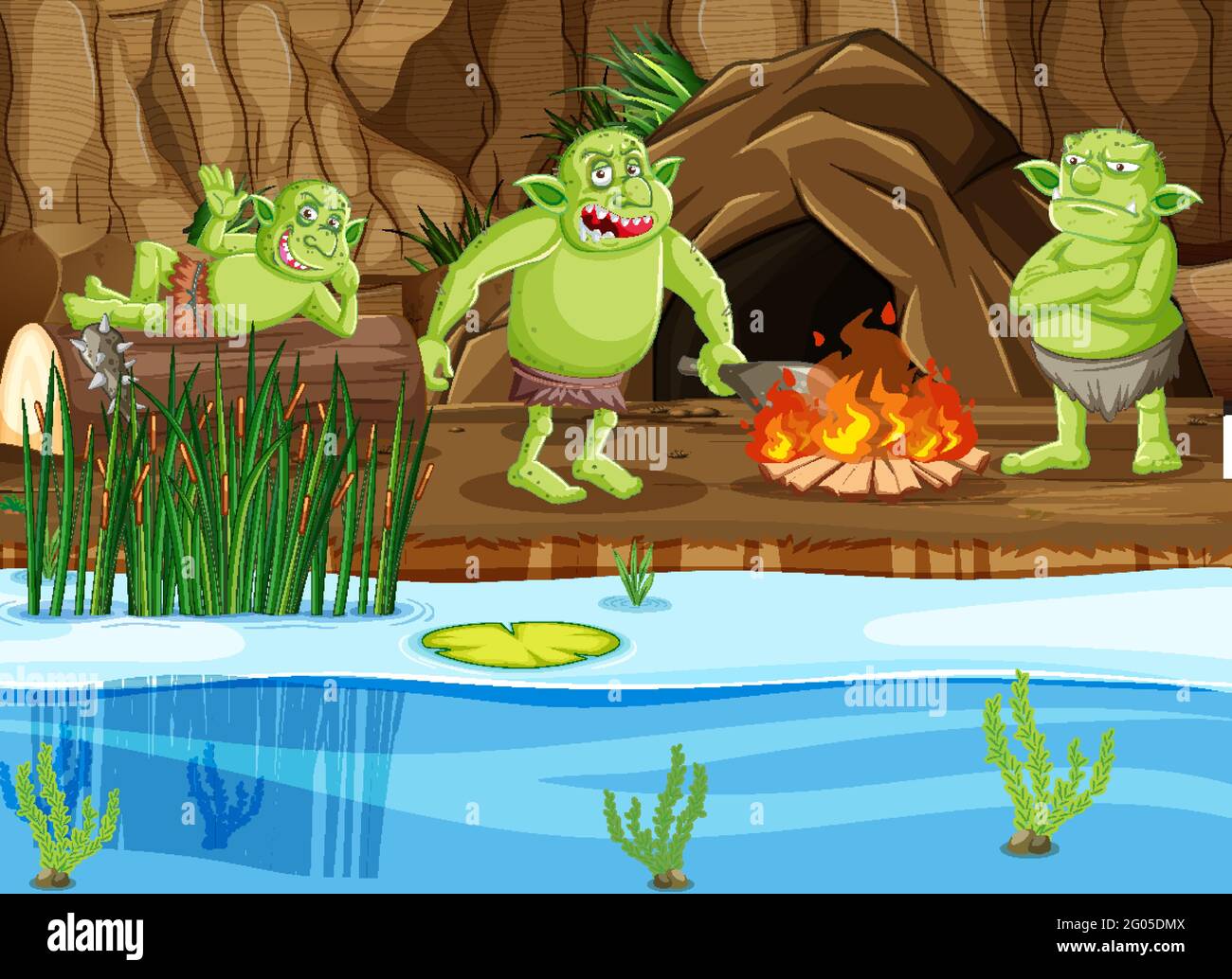 Night scene with goblin or troll cartoon character illustration Stock ...
