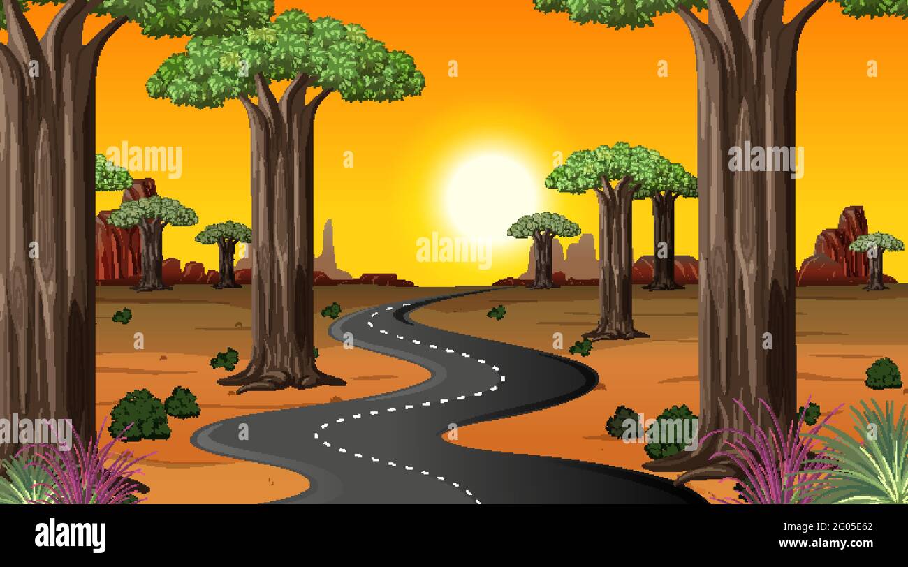 Long road through the desert landscape scene at sunset time ...