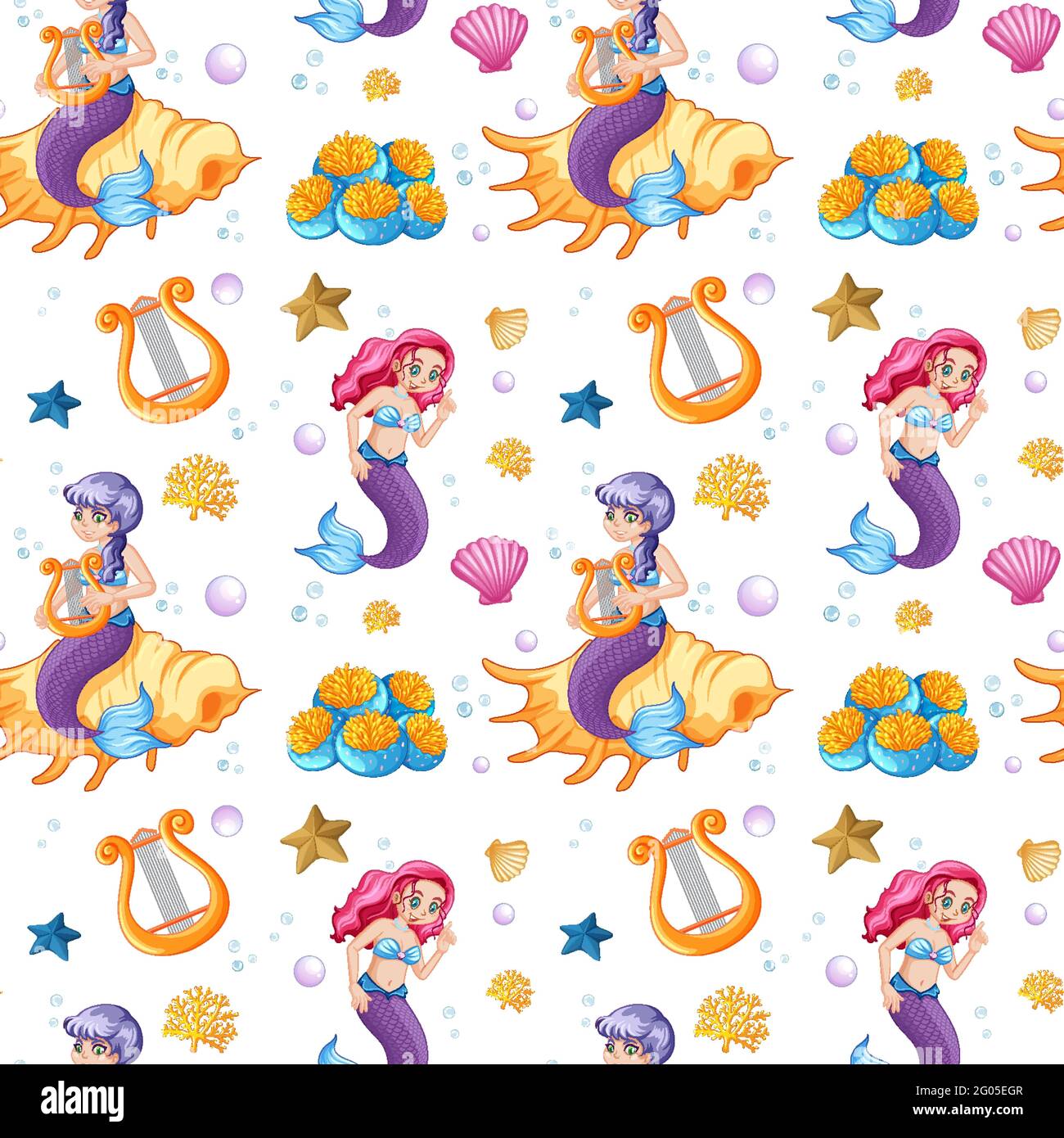 Seamless pattern with mermaid and undersea elements illustration Stock ...