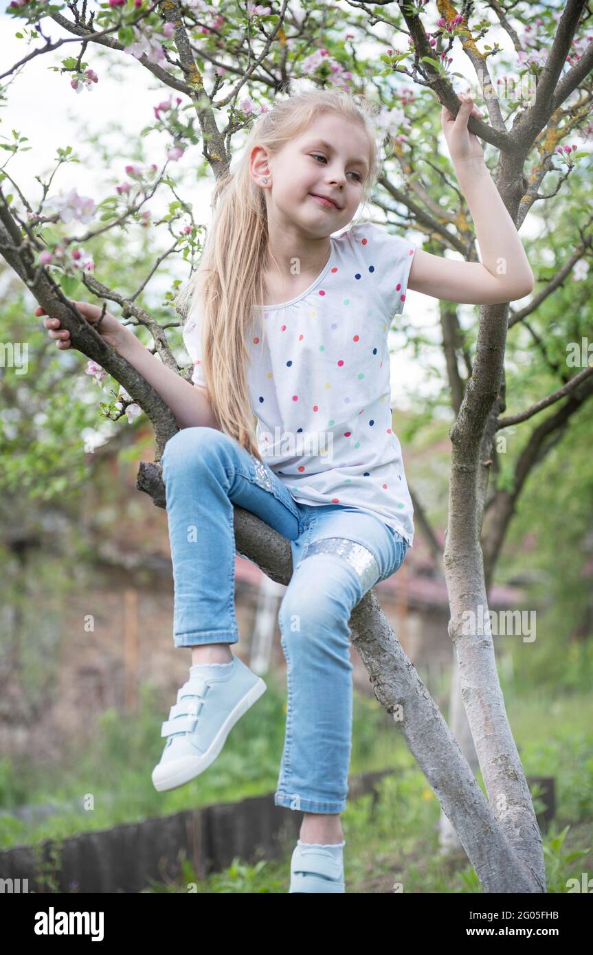 Little adorable girl sitting on blossoming tree in apple garden Stock Photo - Alamy
