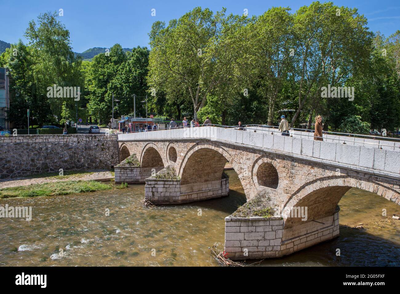 Upstream, Latin Bridge is an Ottoman bridge over the river Miljacka ...