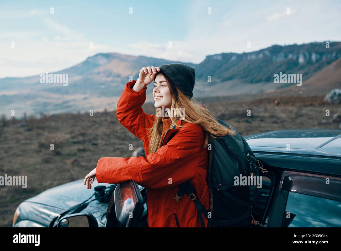 Woman with dog on a trip in the mountains hi-res stock photography and ...
