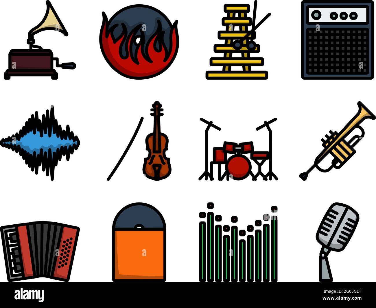 Music Icon Set. Editable Bold Outline With Color Fill Design. Vector ...