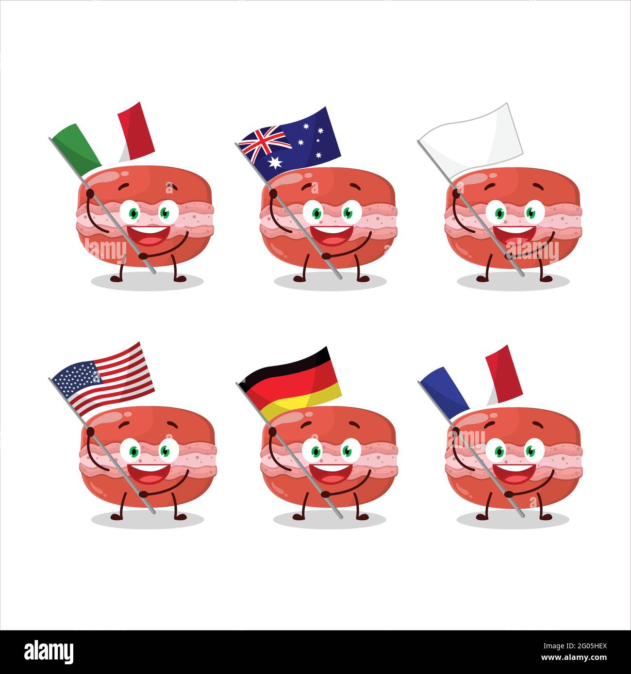 Red macaron cartoon character bring the flags of various countries ...