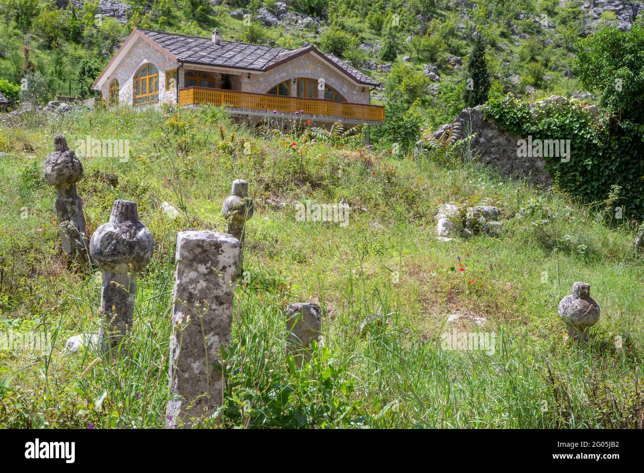 Muslim cemetery, Blagaj village near Mostar, spring of the Buna river ...
