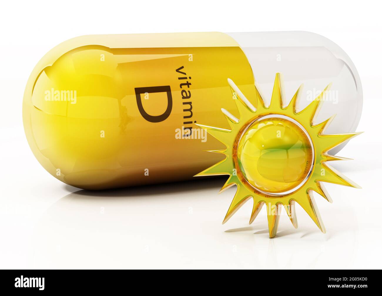 Vitamin D pill with a sun symbol on the right side. 3D illustration ...