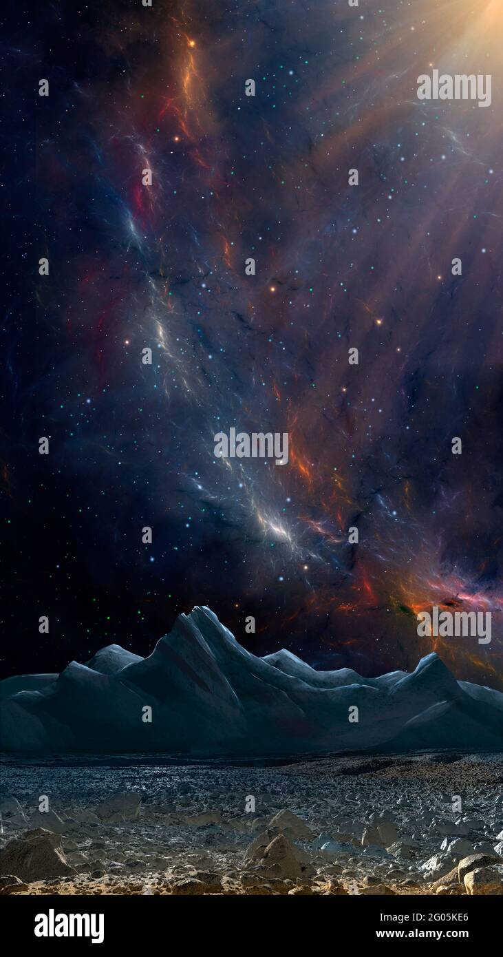 Space background. Mountain, planet land surface with colorful fractal ...