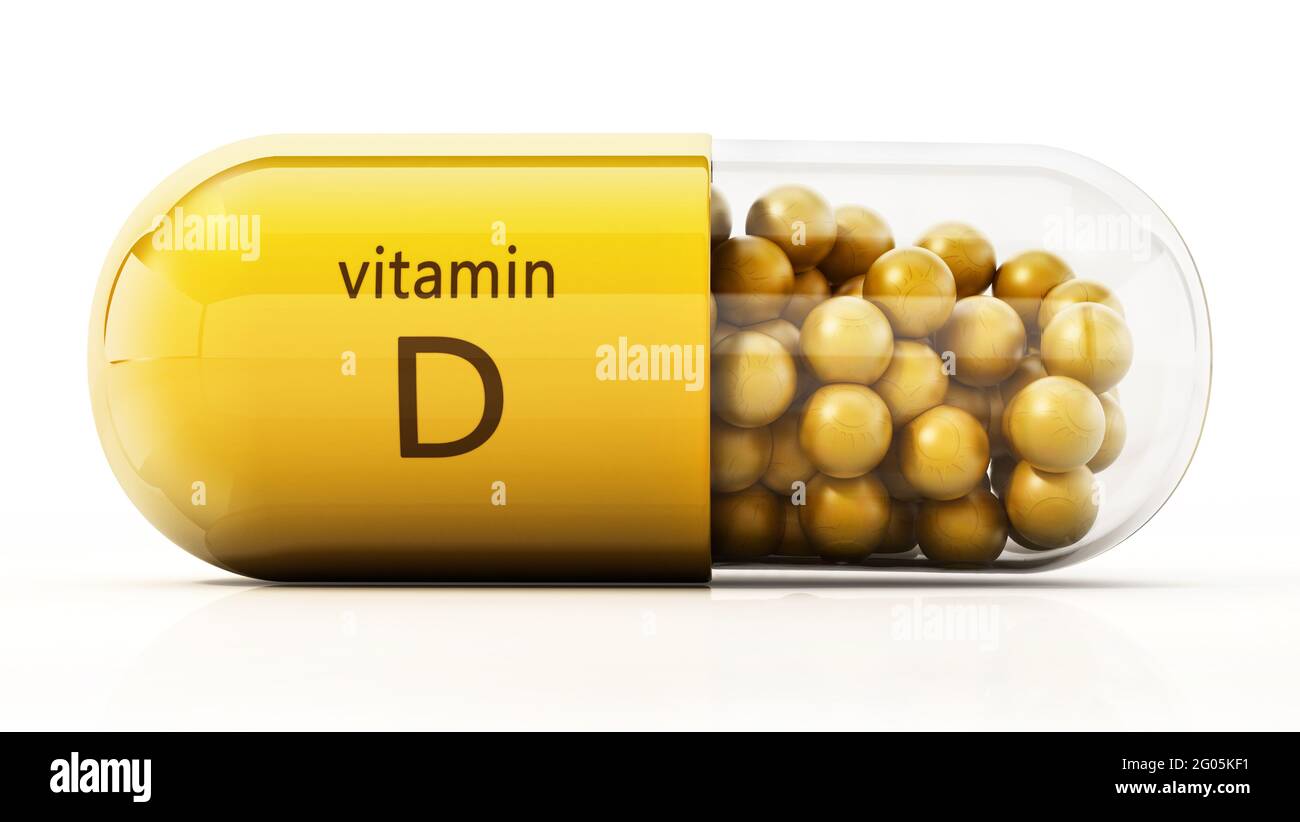 Vitamin D pill with yellow spheres with sun symbol. 3D illustration ...
