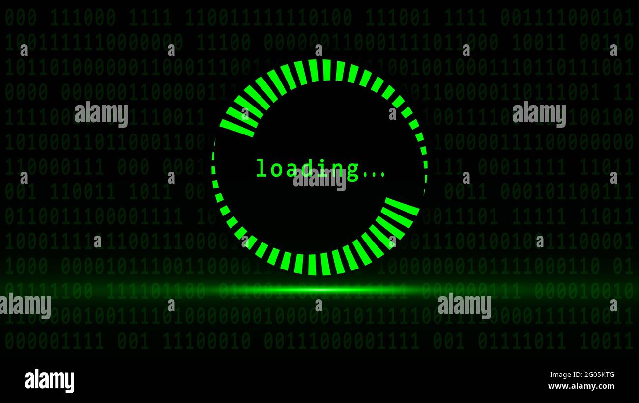 Loading symbol in green light on binary code background - abstract ...