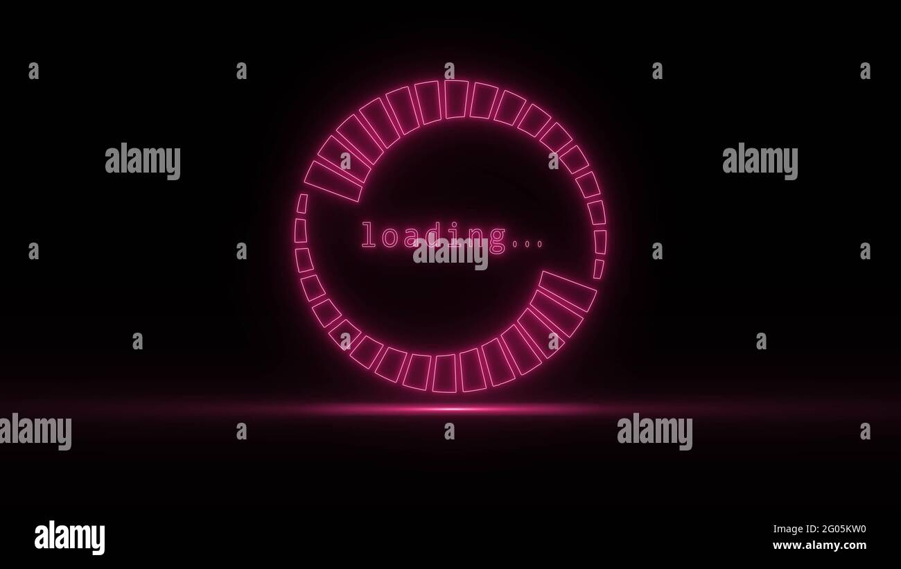 Loading symbol in pink light on black background - abstract digital ...