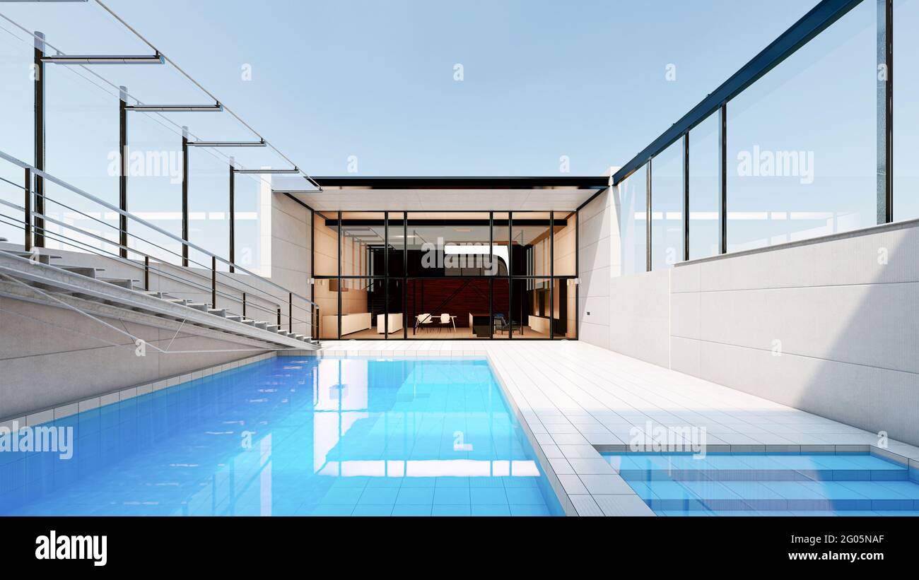3d render of modern house with big open pool Stock Photo - Alamy