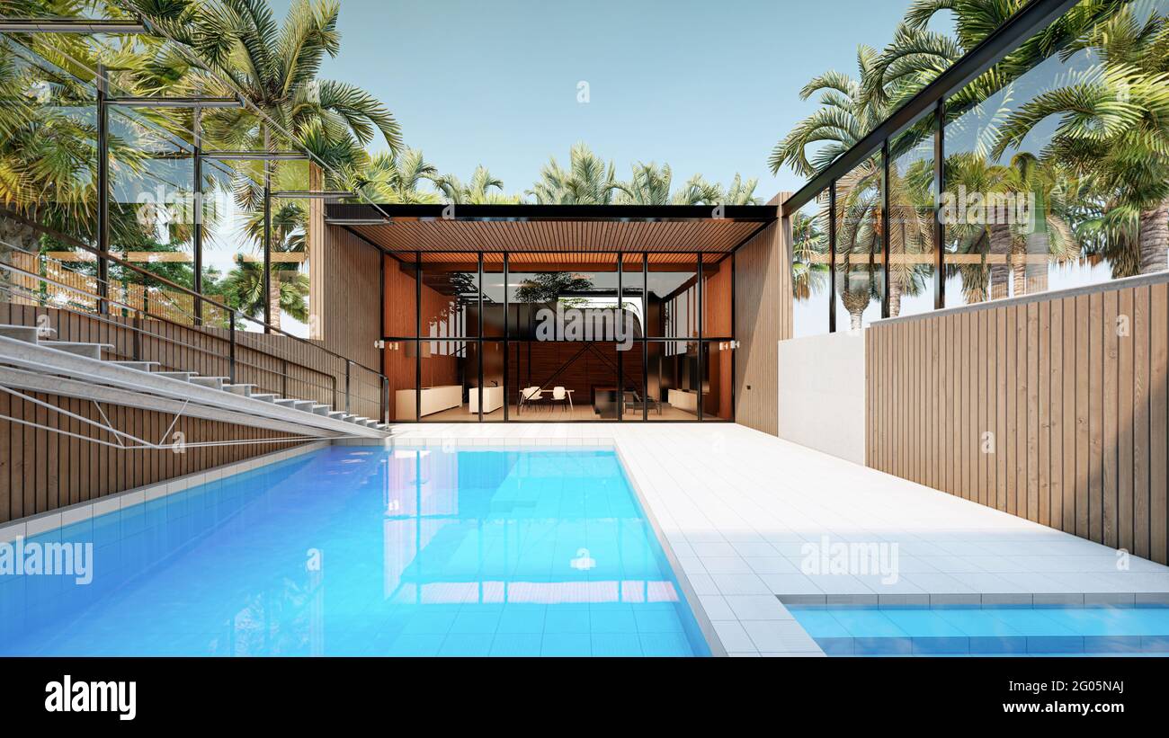 3d render of modern house with big open pool Stock Photo - Alamy