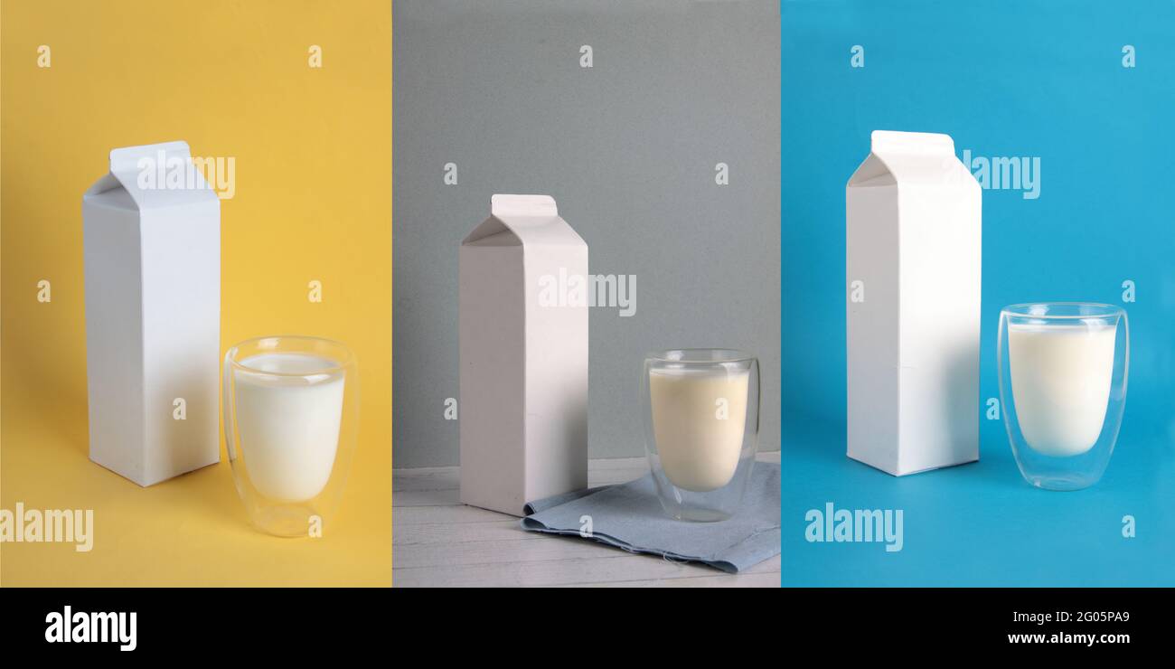 fermented milk collage - white pack and glass of kephir isolated on ...