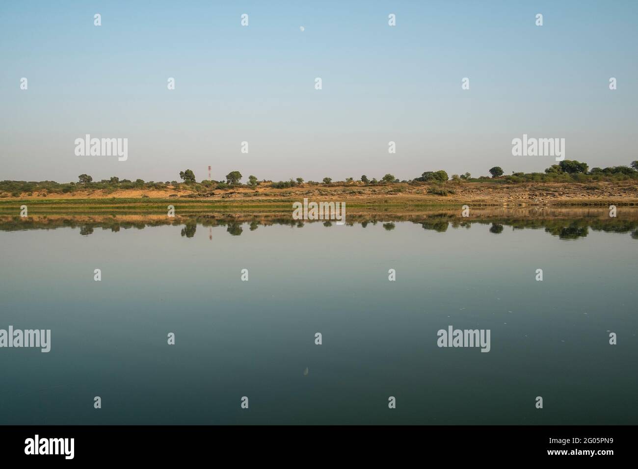 The beautiful and calm river Chambal as it flows separating Rajasthan ...
