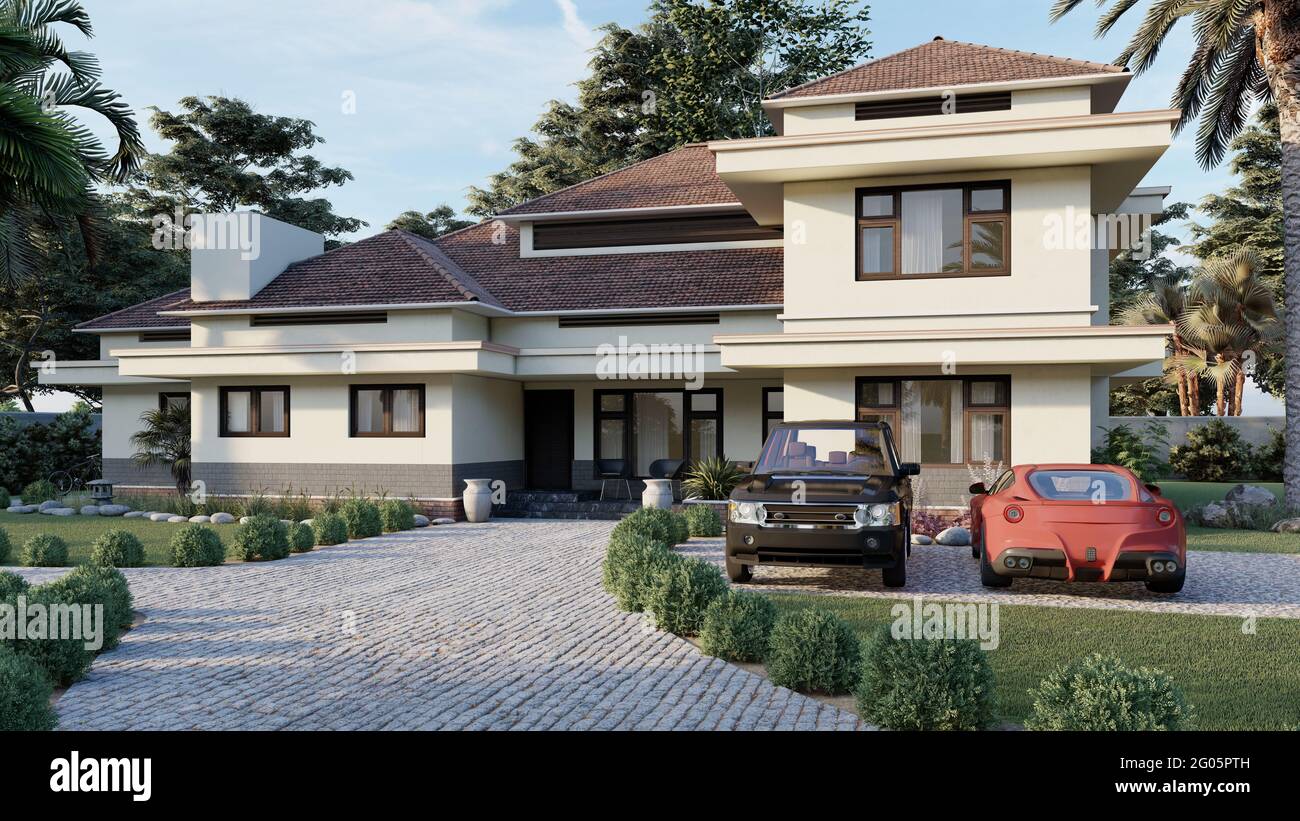 3d beautiful luxurious house exterior render Stock Photo - Alamy