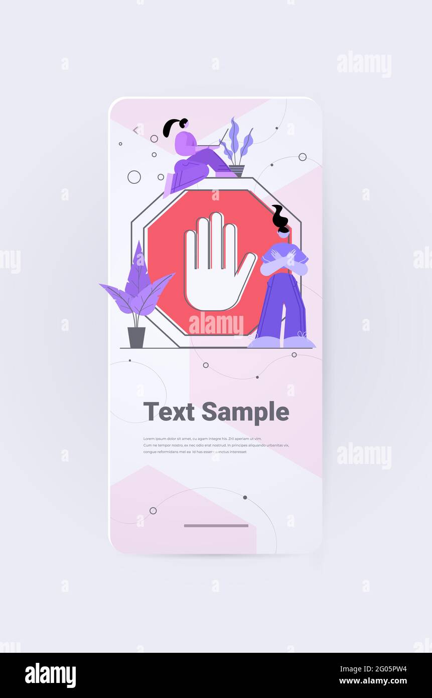 businesspeople working near big red forbidding sign with human hand ...