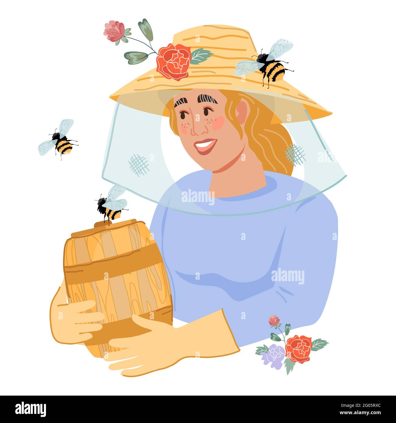 Beekeeper or apiarist female cartoon character with barrel of honey ...