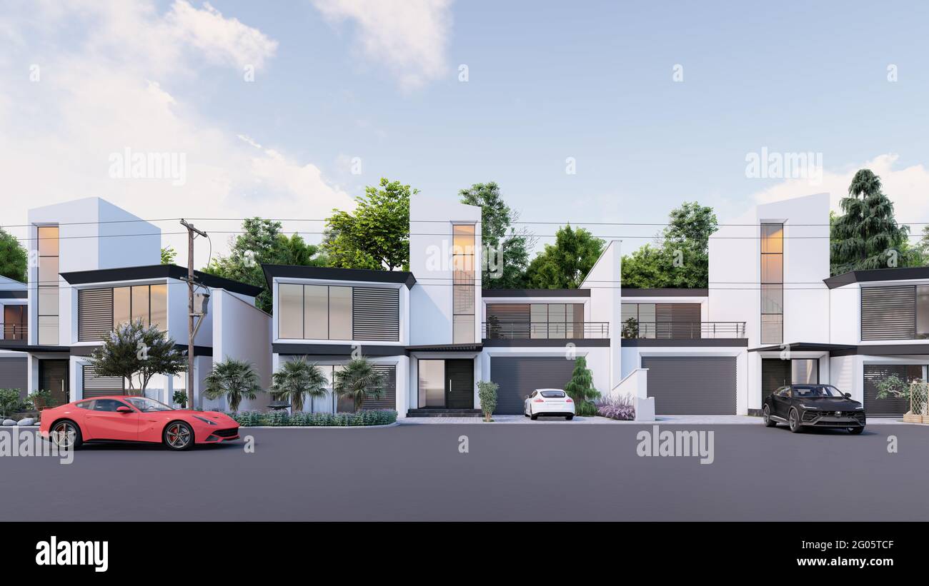 3d render view of beautiful houses exterior, neighborhood Stock Photo ...