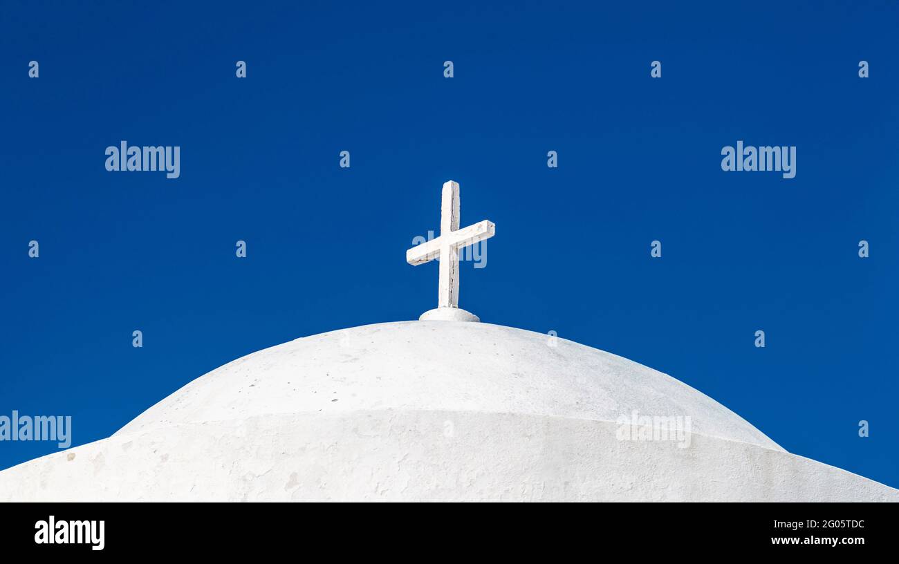 Church detail, white and blue colors. Cyclades.Greece. White cross on ...