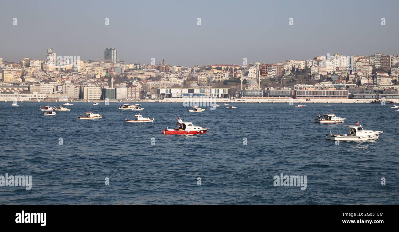 ISTANBUL, TURKEY - MARCH 03, 2021: Fisher boats in Bosphorus Strait ...