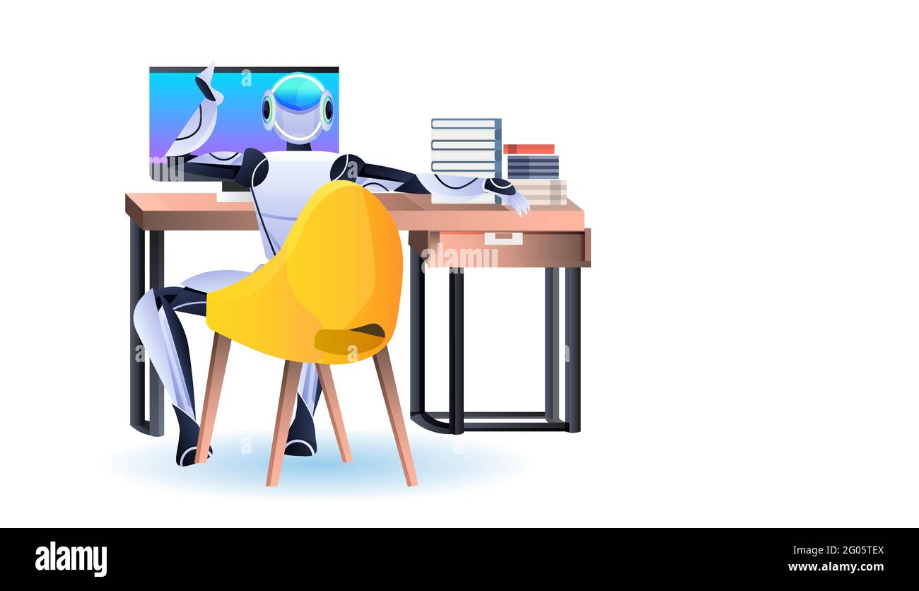 robot sitting at workplace robotic businessperson working in office ...