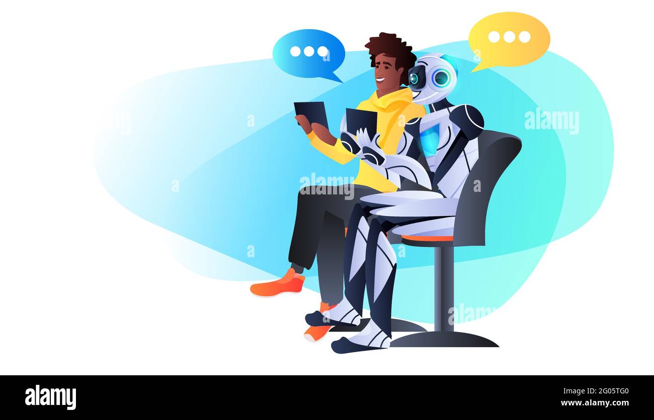 african american man discussing with robot chat bubble communication ...