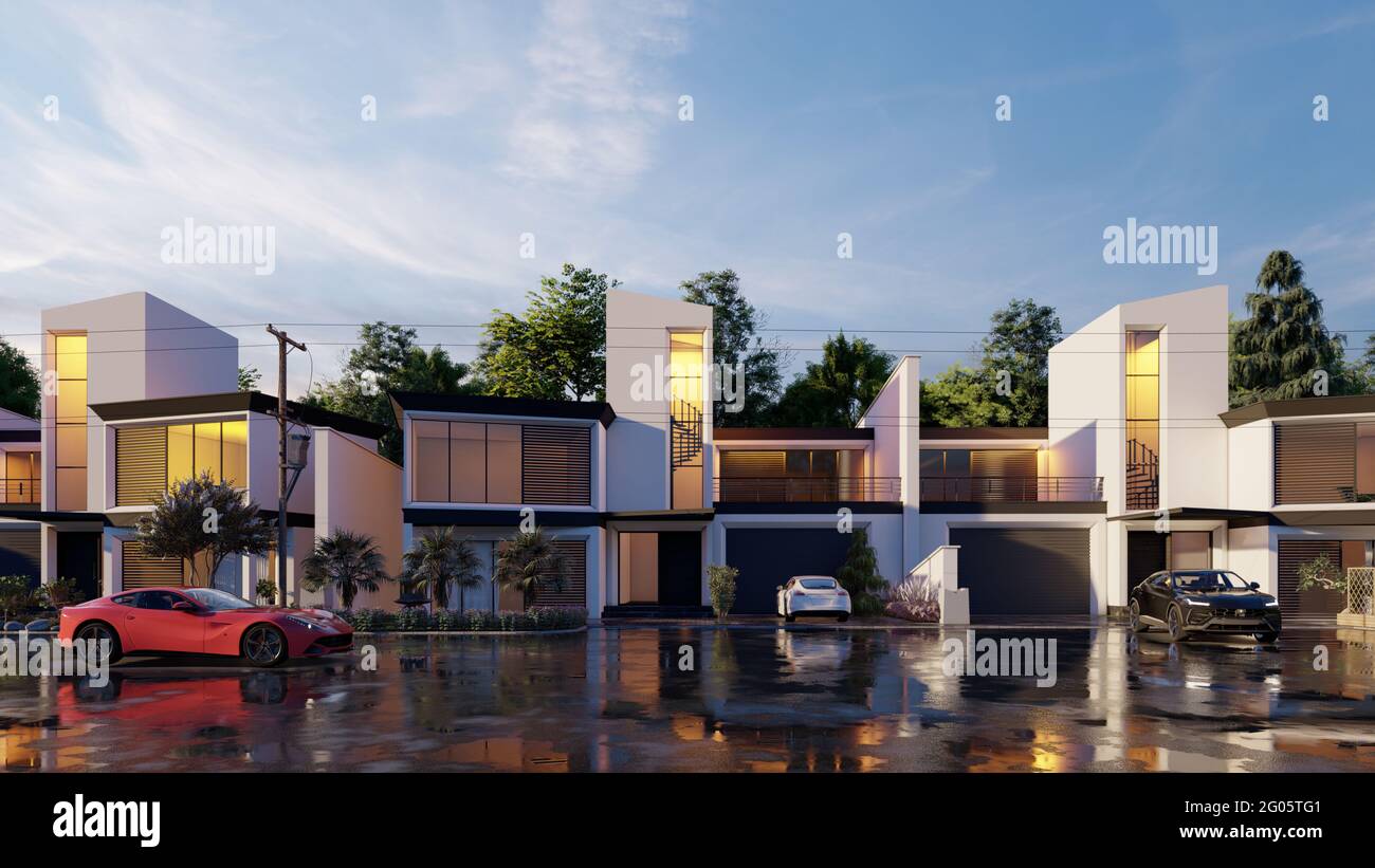 3d render view of beautiful houses exterior, neighborhood Stock Photo ...