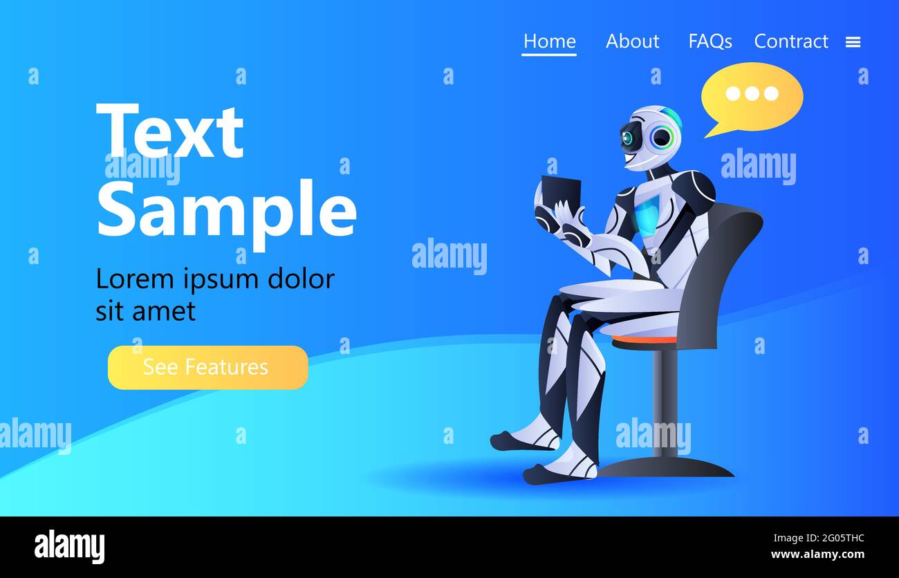 Robot Chatbot Assistant Using Tablet Pc Modern Robotic Character With Chat Bubble Artificial