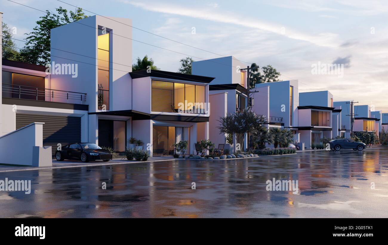 3d render view of beautiful houses exterior, neighborhood Stock Photo ...
