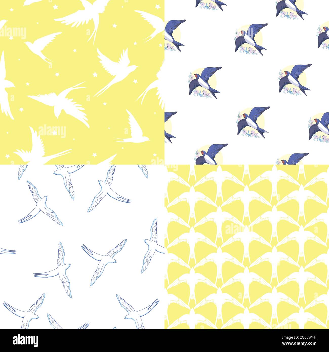 Seamless natural pattern. Many swallows fly in the sky, graphic drawing ...