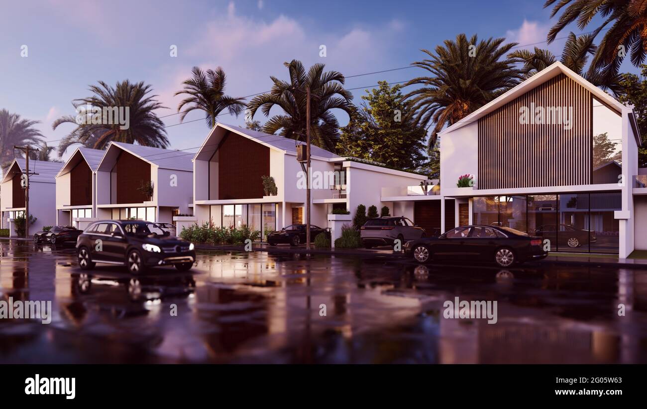 3d render view of beautiful houses exterior, neighborhood Stock Photo ...
