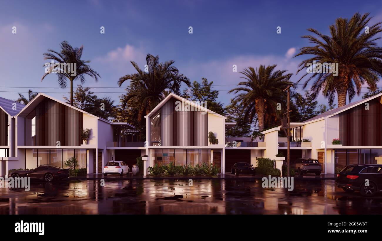 3d render view of beautiful houses exterior, neighborhood Stock Photo ...
